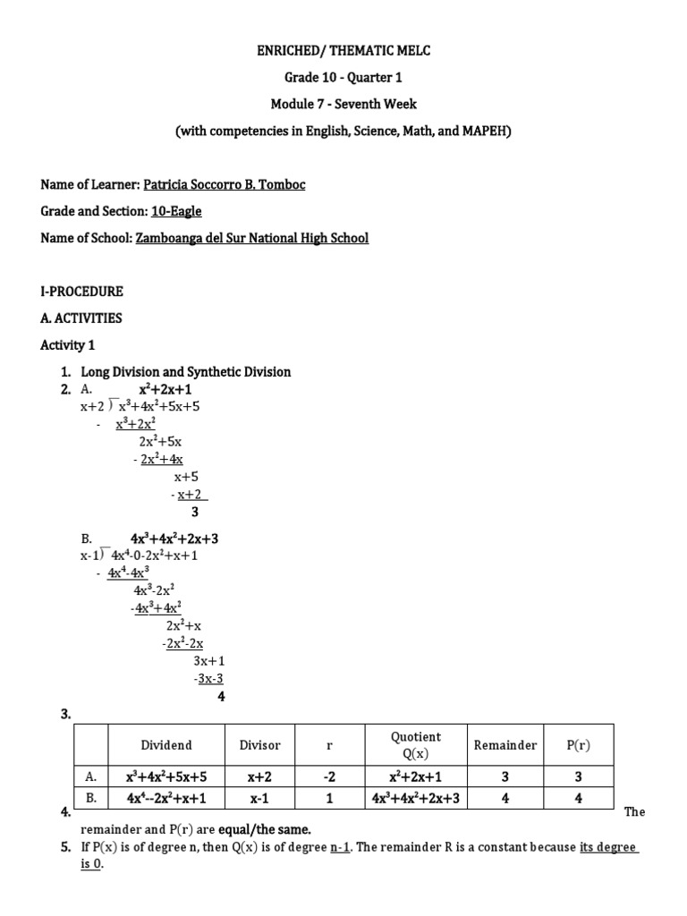 Grade 10 Polynomial Module Activities | PDF | Zero Of A Function ...