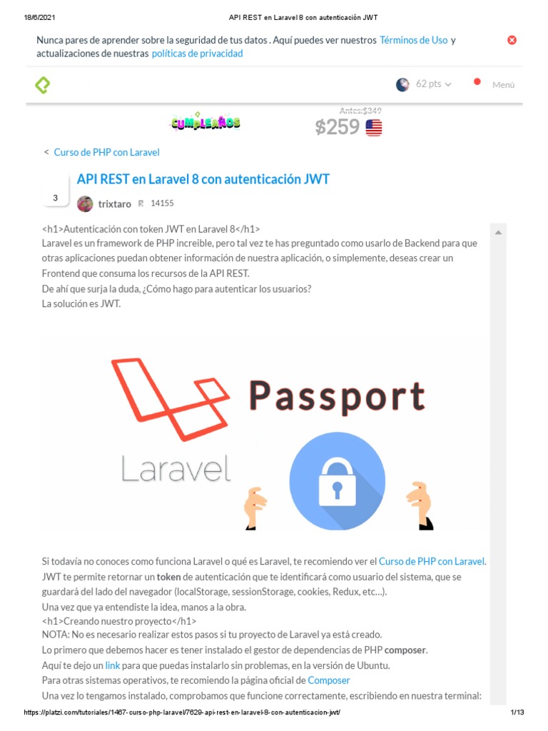 API REST en Laravel 8 Con Autenticación JWT | PDF | Autenticación | SQL