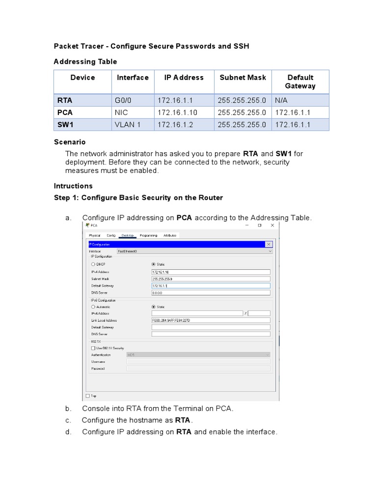 Packet Tracer - Configure Secure Passwords and SSH Addressing Table Device Interface IP Address ...