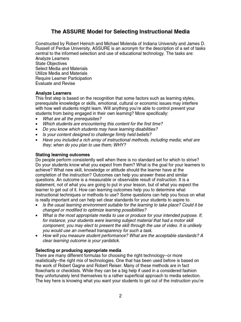 The ASSURE Model For Selecting Instructional Media: Analyze Learners | PDF