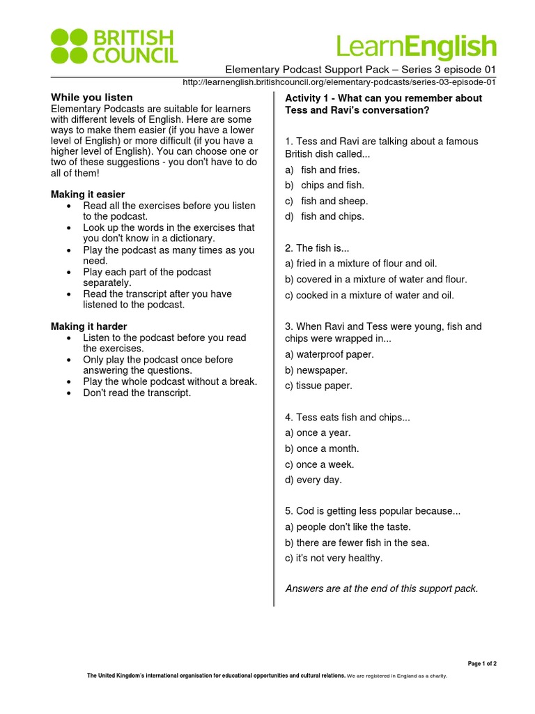 Learnenglish Podcasts Elementary 03 01 Support Pack | Download Free PDF ...
