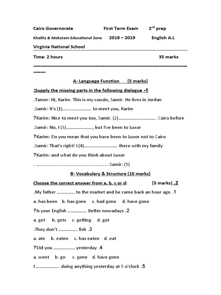 Mid-Year Exam for Prep 2 Students | PDF | Home & Garden | Language Arts ...