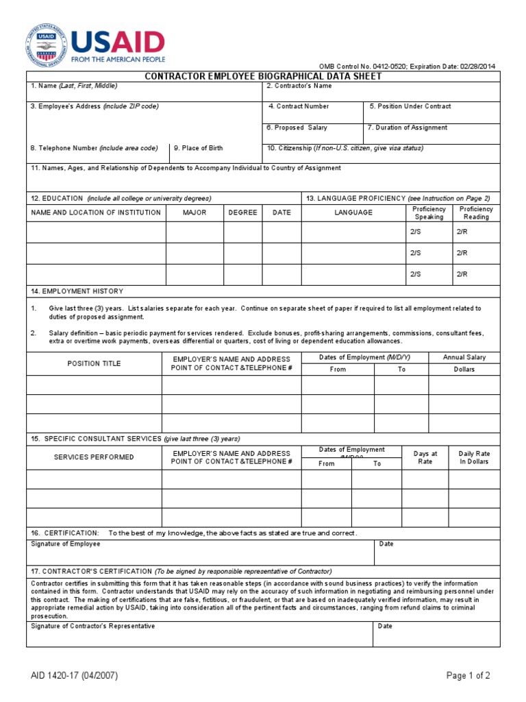 Bio Data Form | PDF | United States Agency For International ...