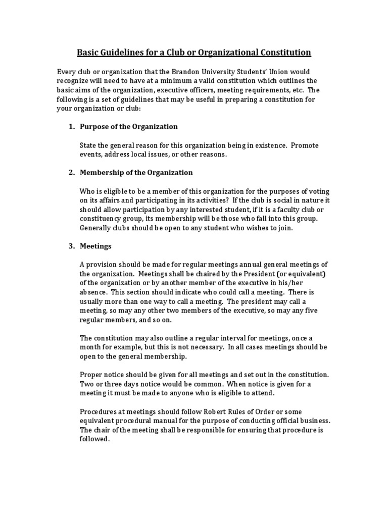 Basic Guidelines For A Club or Organizational Constitution: 1. Purpose ...