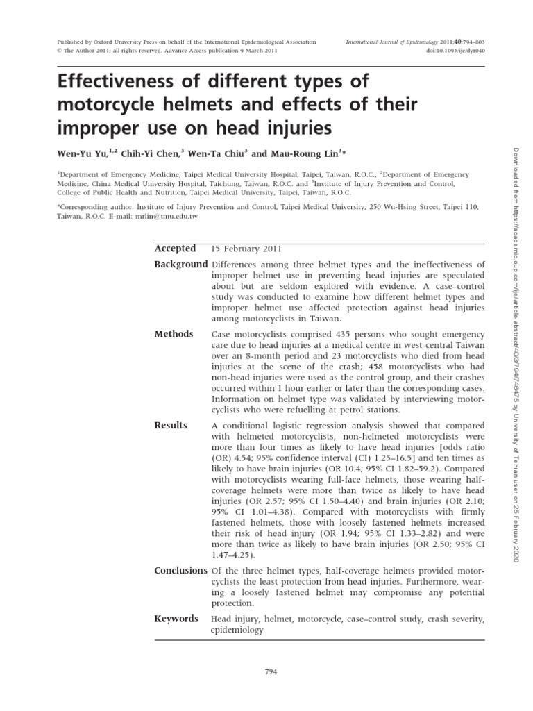 Effectiveness of Different Types of Motorcycle Helmets and Effects of ...