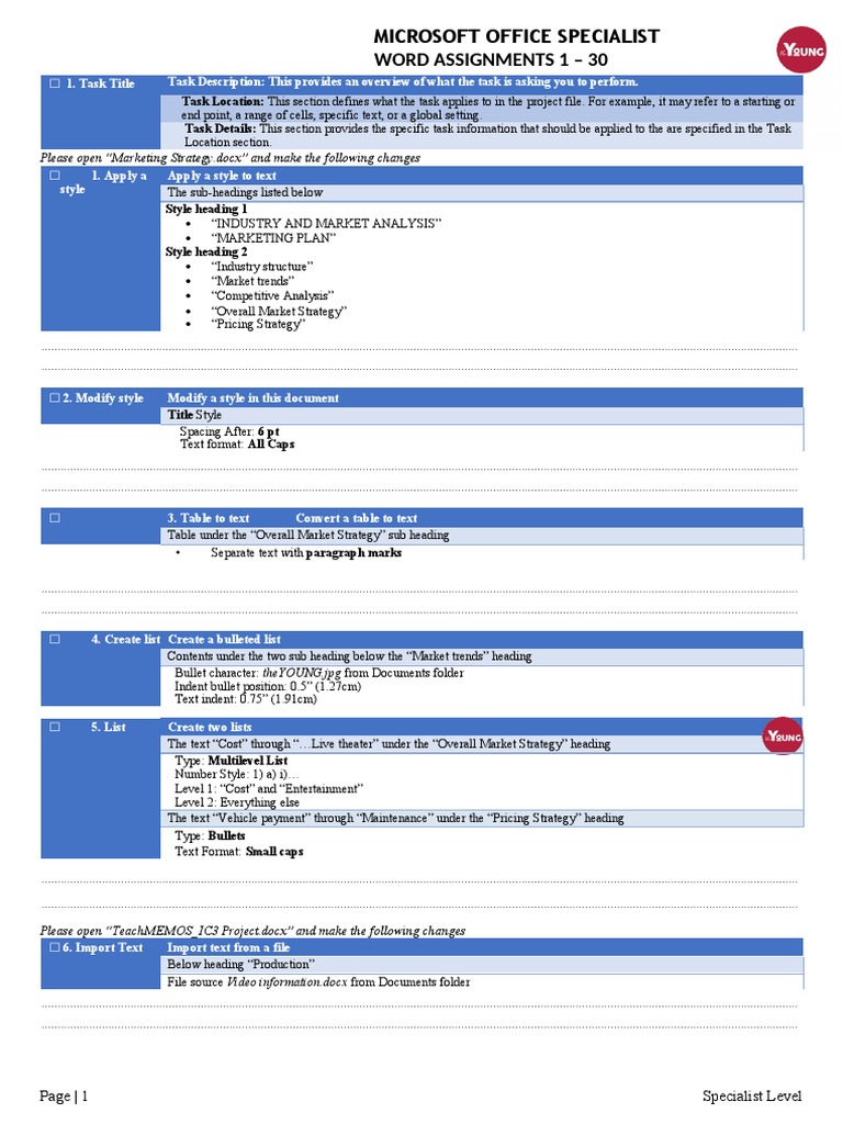 Microsoft Office Specialist Word Assignments 1 - 30: Please Open ...