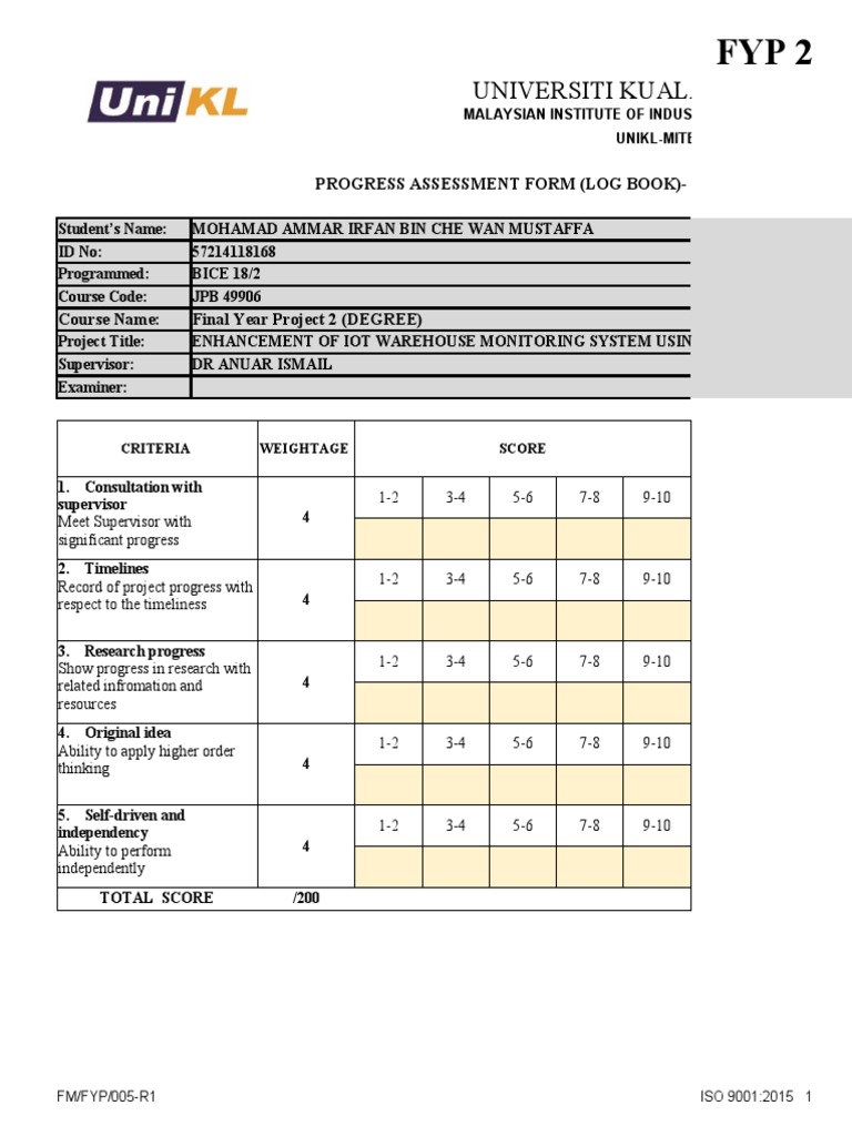 Rubric Logbook Assessment Degree FYP 2 - v1 | PDF | Science | Business
