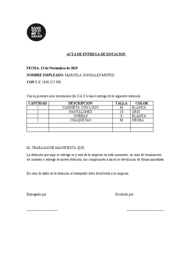 Acta de Entrega de Dotacion | PDF