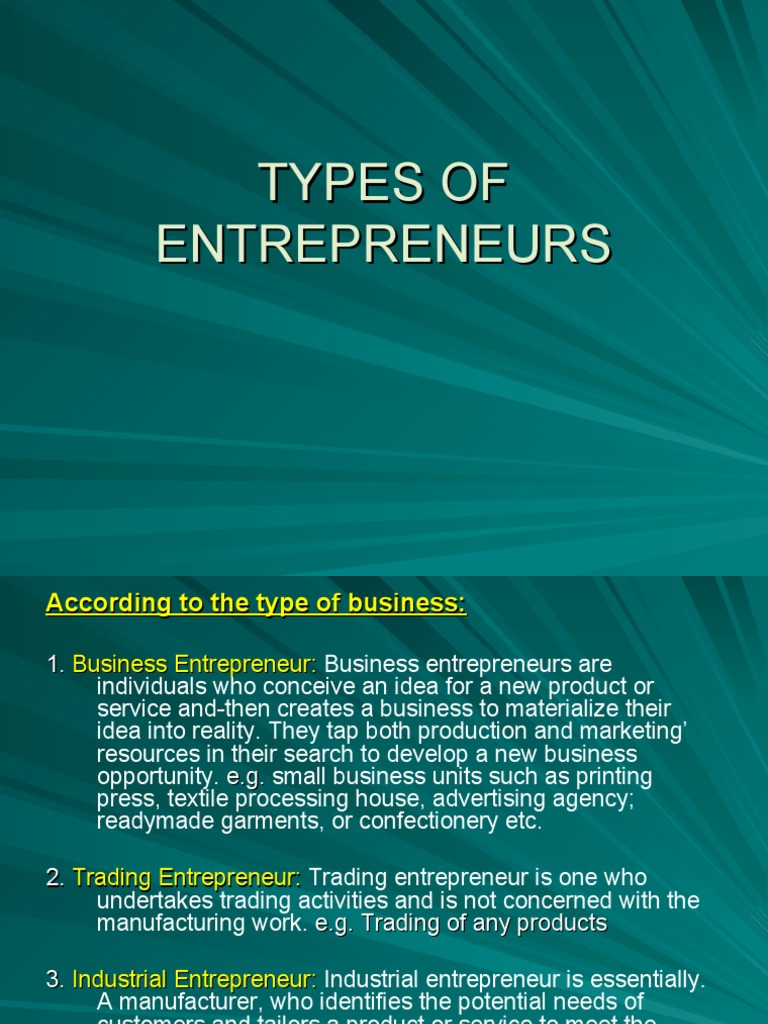 Types of Entrepreneurs | PDF | Entrepreneurship | Marketing