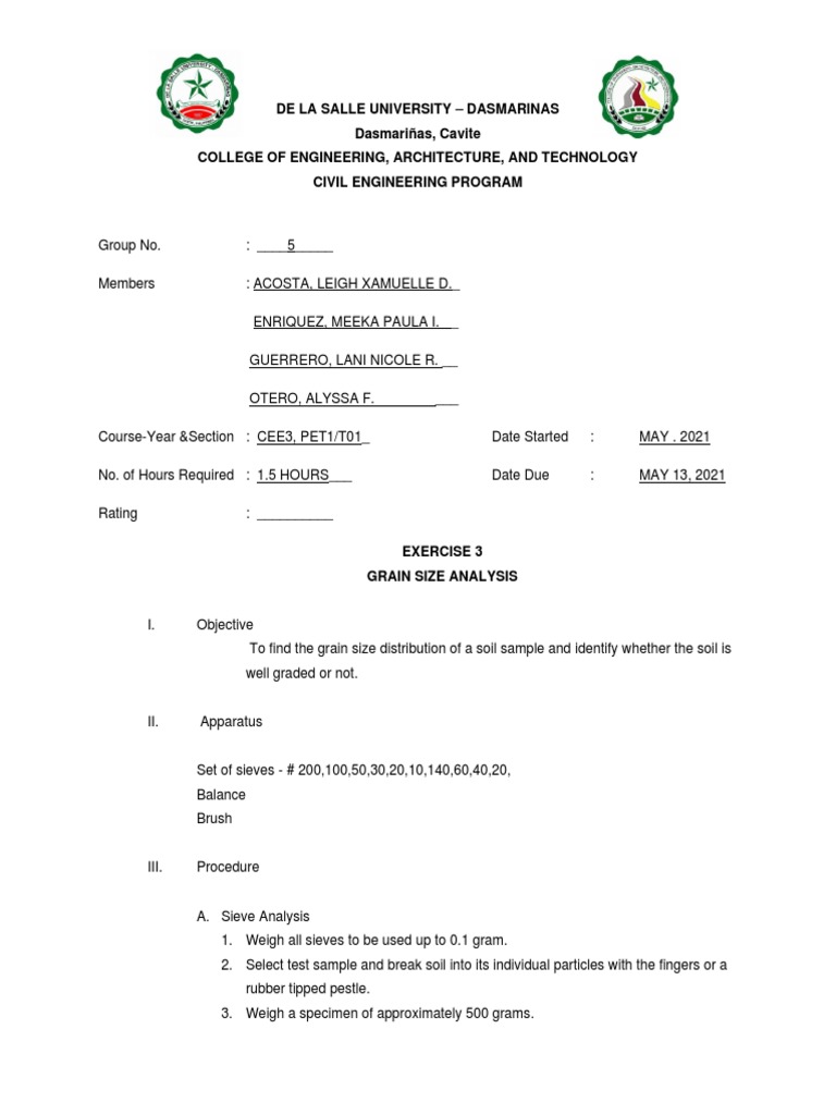 TO1-Group-5 Soil Mechanics Lab Experiment No. 3 | PDF | Particle Size ...