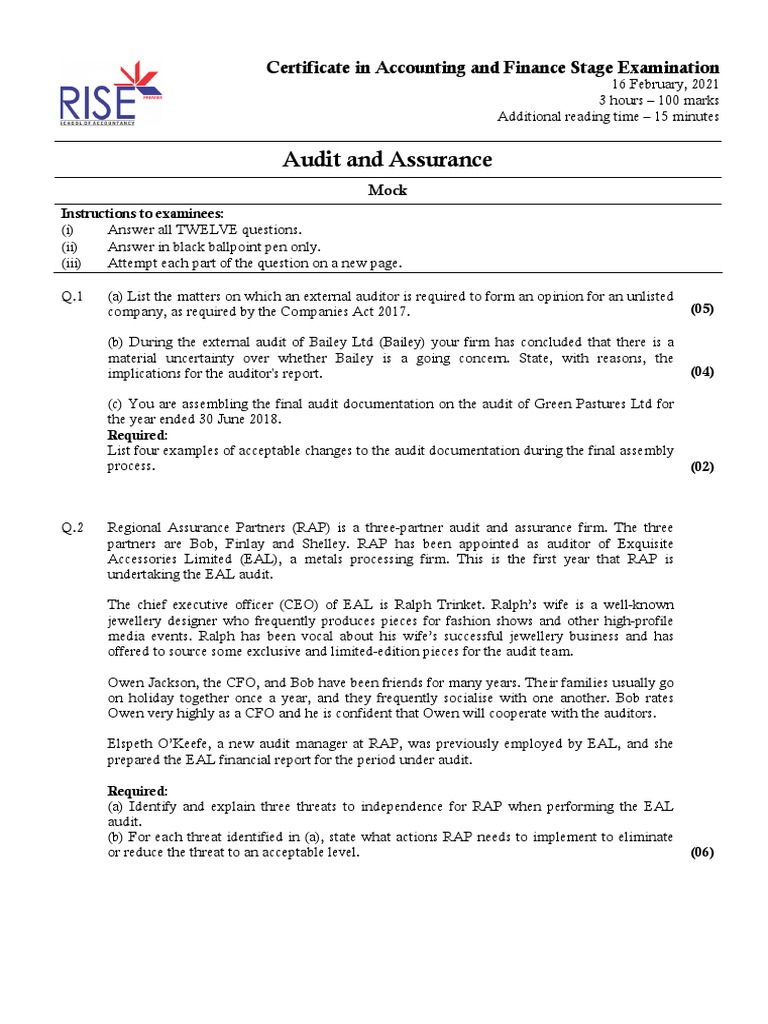 Audit and Assurance Mock | PDF | Audit | Internal Control