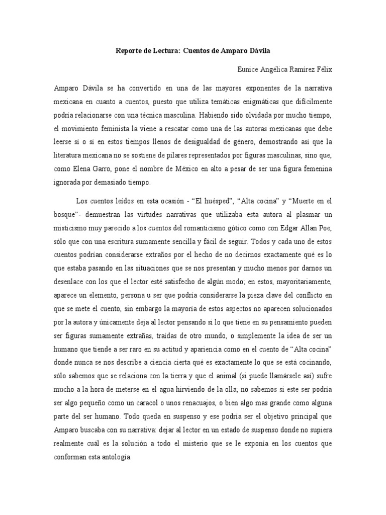 Reporte de Lectura - Cuentos de Amparo Dávila | PDF | Cuentos | Suspense (Género)