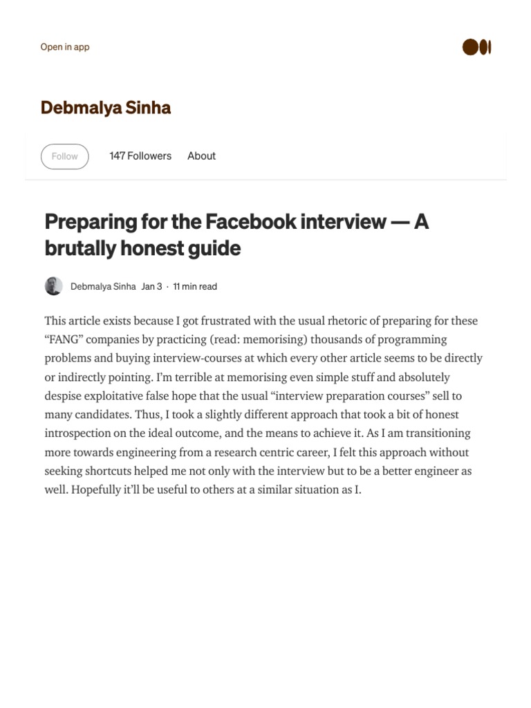 Preparing For The Facebook Interview - A Brutally Honest Guide - Debmalya Sinha - Medium | PDF