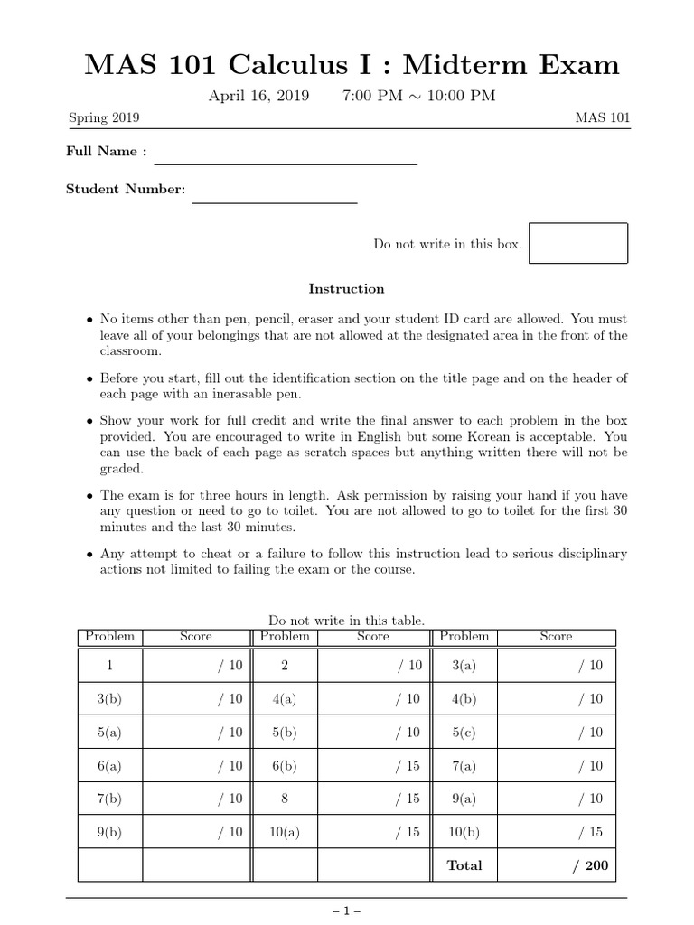MAS101 2019 봄 중간 Spring Midterm | PDF | Function (Mathematics) | Series (Mathematics)