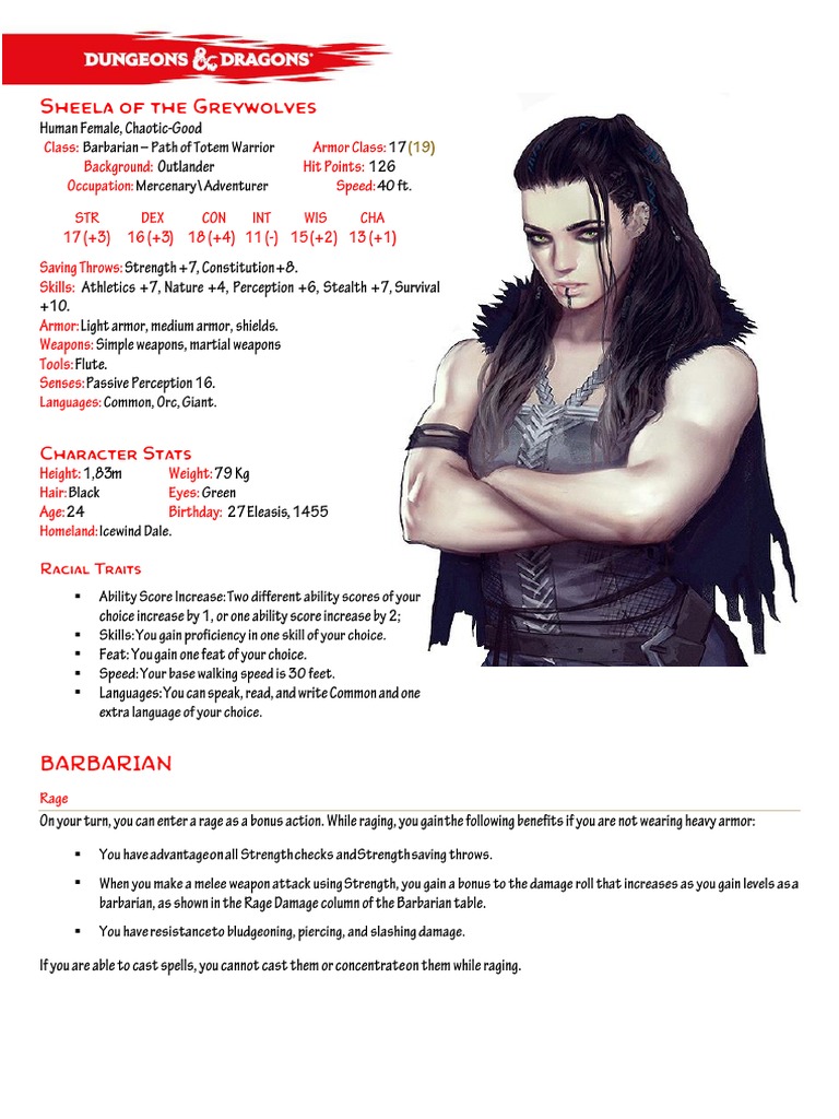 Sheela Greywolves: D&D Barbarian Stats | PDF