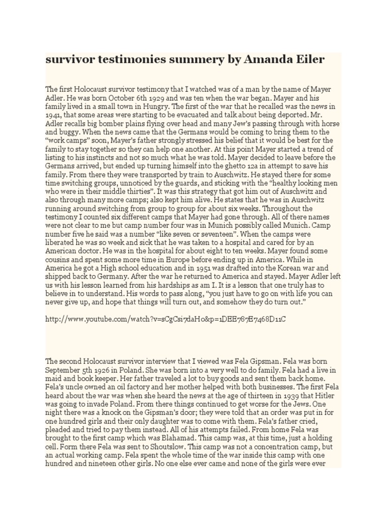 Survivor Testimonies Summery | PDF | Auschwitz Concentration Camp | The ...