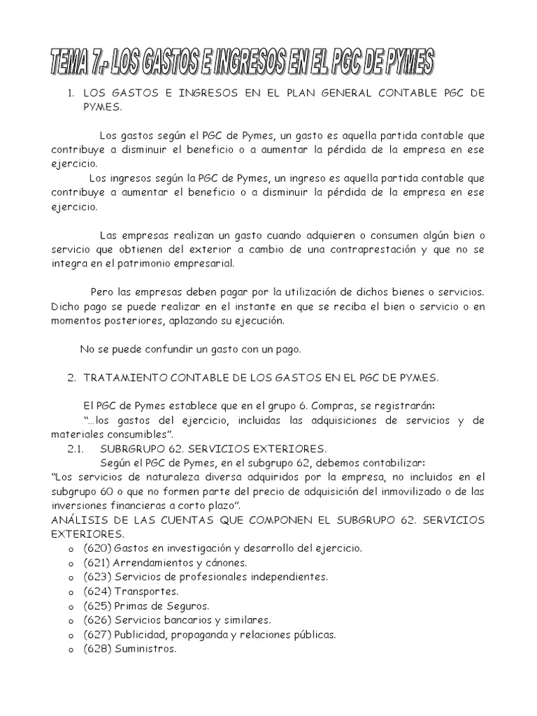Tema 7.los Gastos e Ingresos en El PGC de Pymes | PDF | Pagos | Pequeñas y medianas empresas