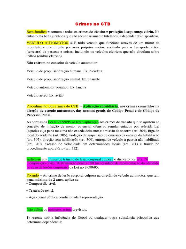 Crimes de Trânsito no CTB: Tipos e Penalidades | PDF | Lesão corporal (crime) | Homicídio