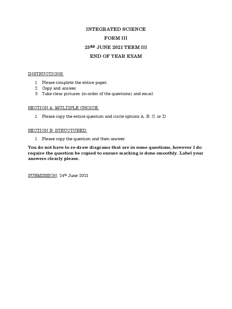 Form Three Integrated Science End of Year Exam | PDF | Acid | Chemical ...