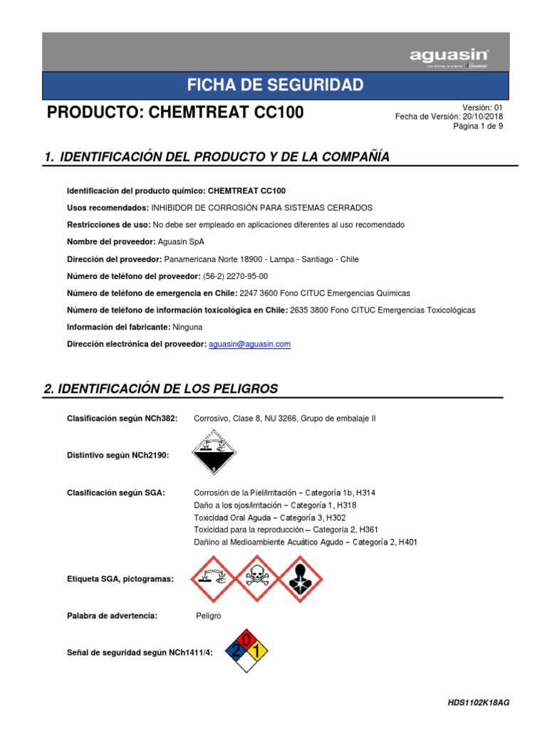 FDS ChemTreat CC100 | PDF | Quemar | Contaminación