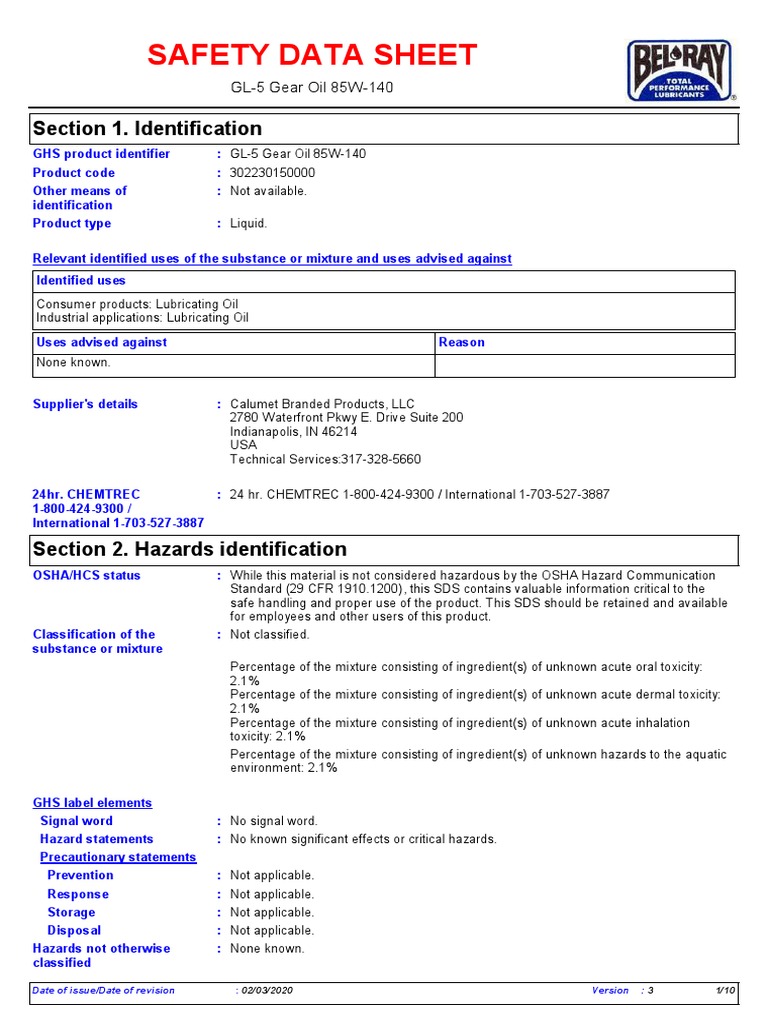 GL-5 Gear Oil 85W-140 SDS | PDF | Toxicity | Firefighting