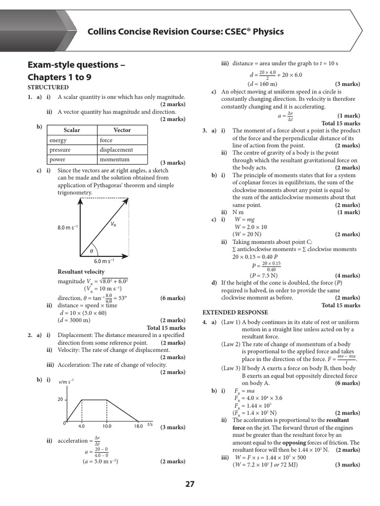 CSEC Collins Physics Exam Style Answers | PDF | Force | Transformer