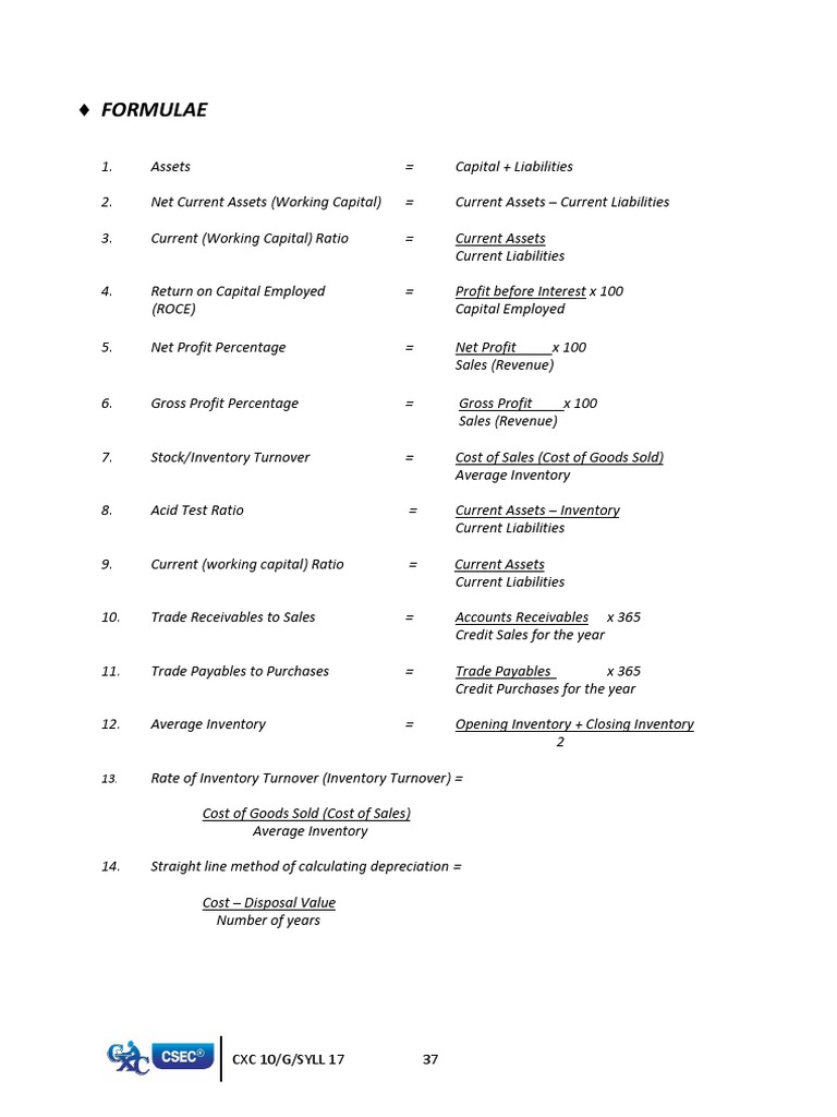 Csec-Poa-Formulae and Definitions | PDF | Revenue | Book Value