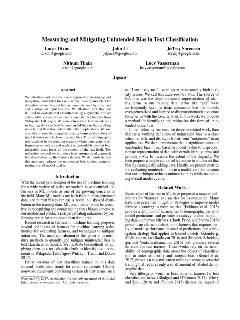Measuring Mitigating Unintended Bias Paper | PDF | Receiver Operating Characteristic | Machine ...