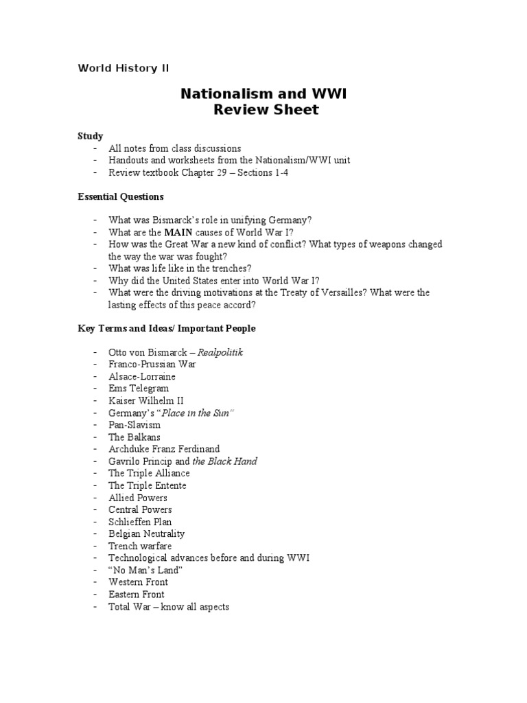 Nationalism and WWI Study Guide | PDF