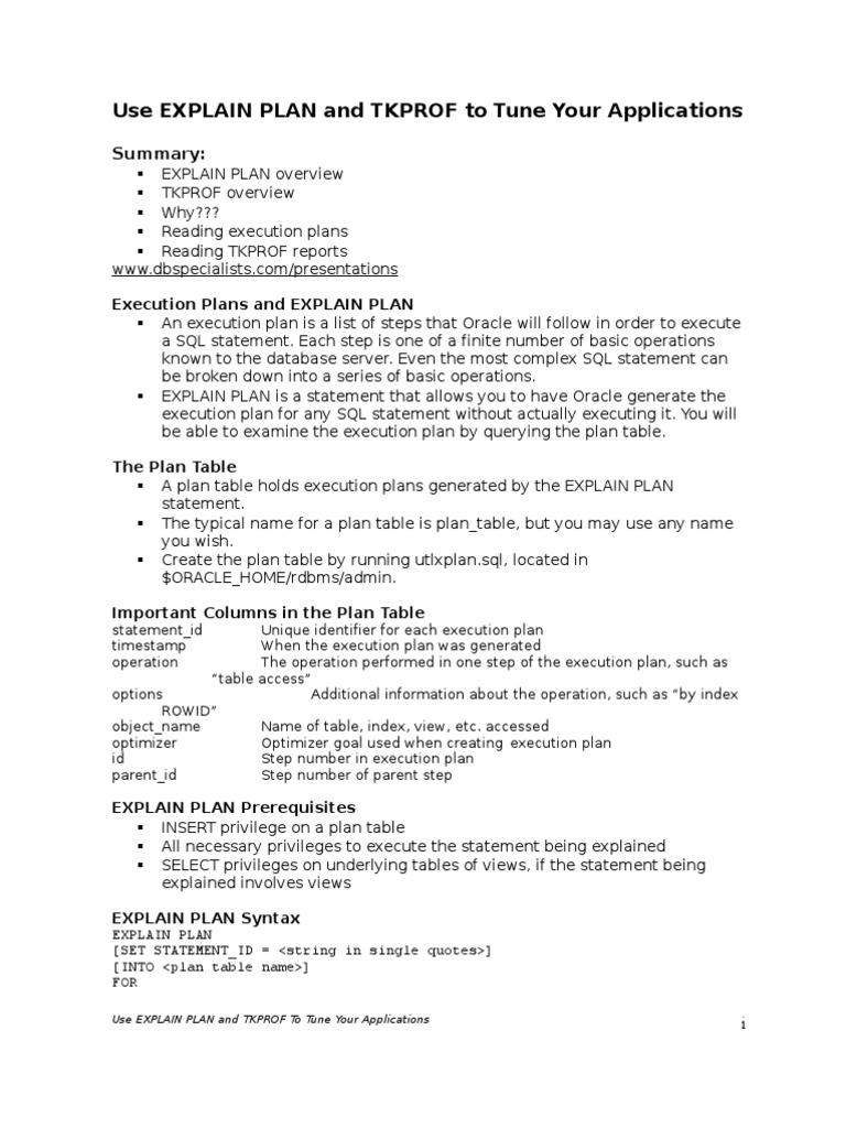 Use EXPLAIN PLAN and TKPROF To Tune Your Applications | PDF | Database Index | Databases