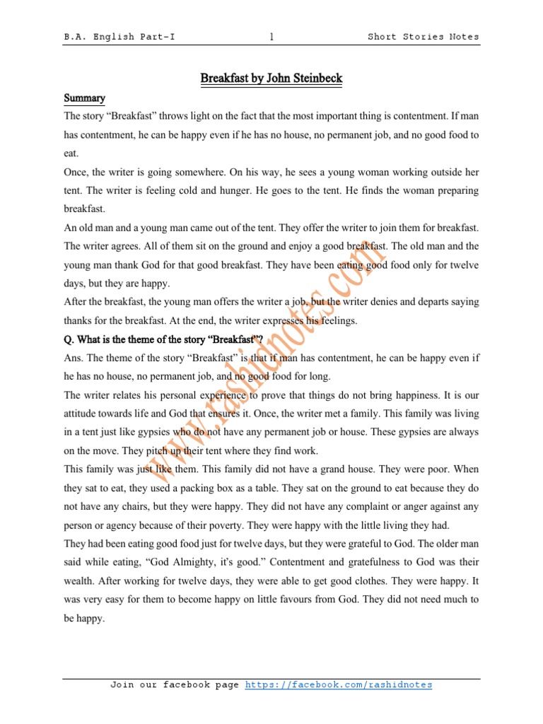 Breakfast by John Steinbeck: B.A. English Part-I 1 Short Stories Notes ...