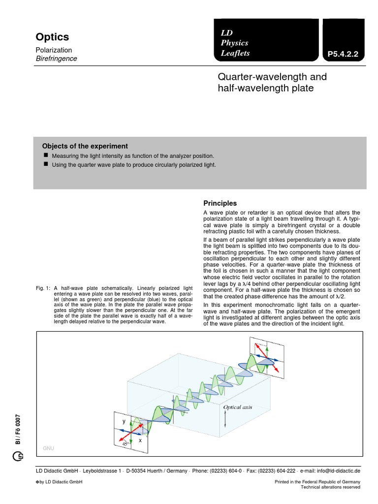 Optics: Quarter-Wavelength and Half-Wavelength Plate | PDF ...