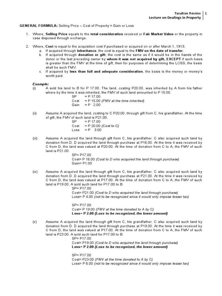 GENERAL FORMULA: Selling Price - Cost of Property Gain or Loss | PDF ...