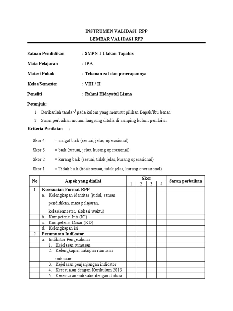 Instrumen Validasi RPP | PDF