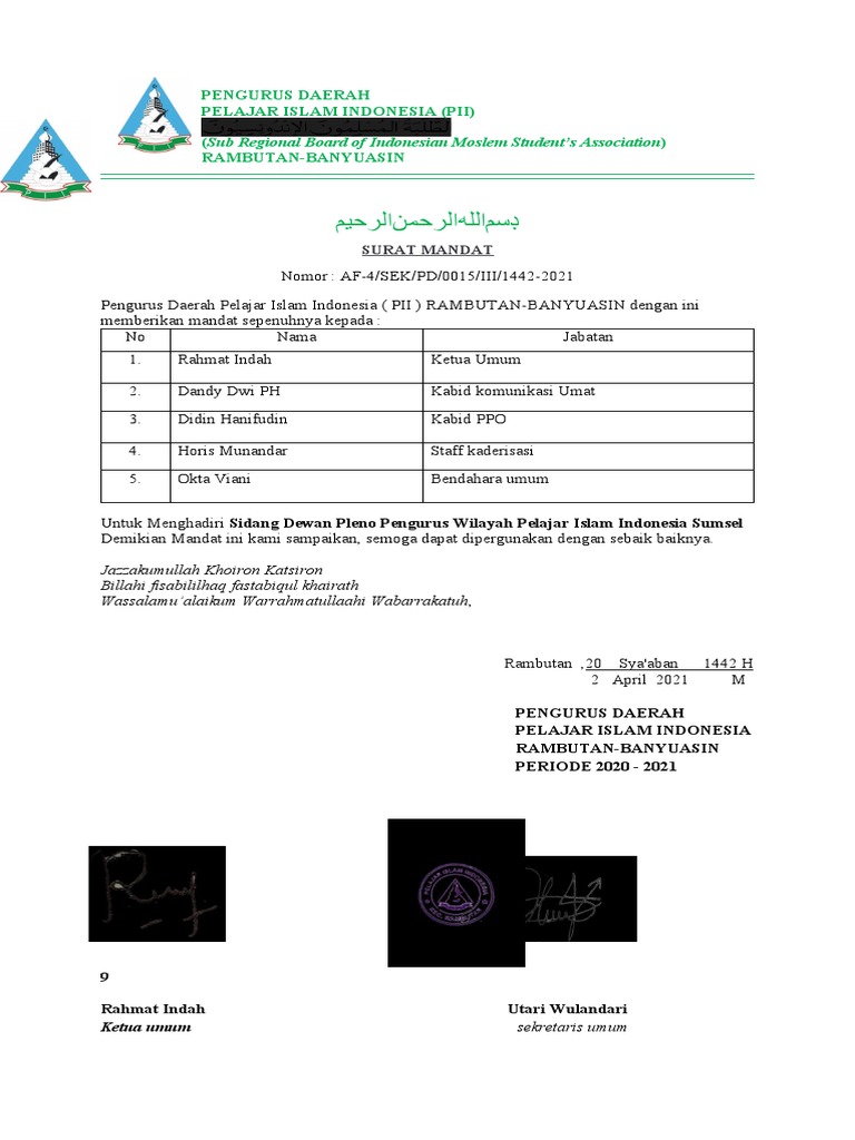 Surat Mandat PD PII RAMBUTAN-BANYUASIN | PDF