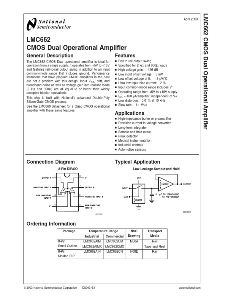LMC662 CMOS Dual Operational Amplifier: General Description Features ...
