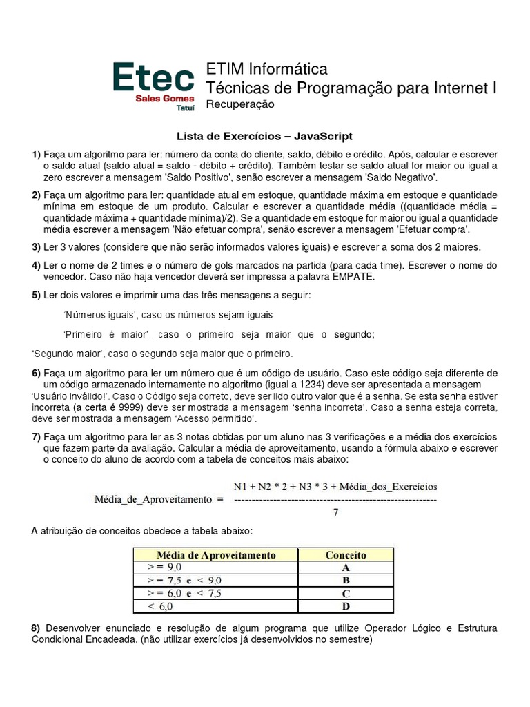 Lista de Exercícios - JavaScript | PDF