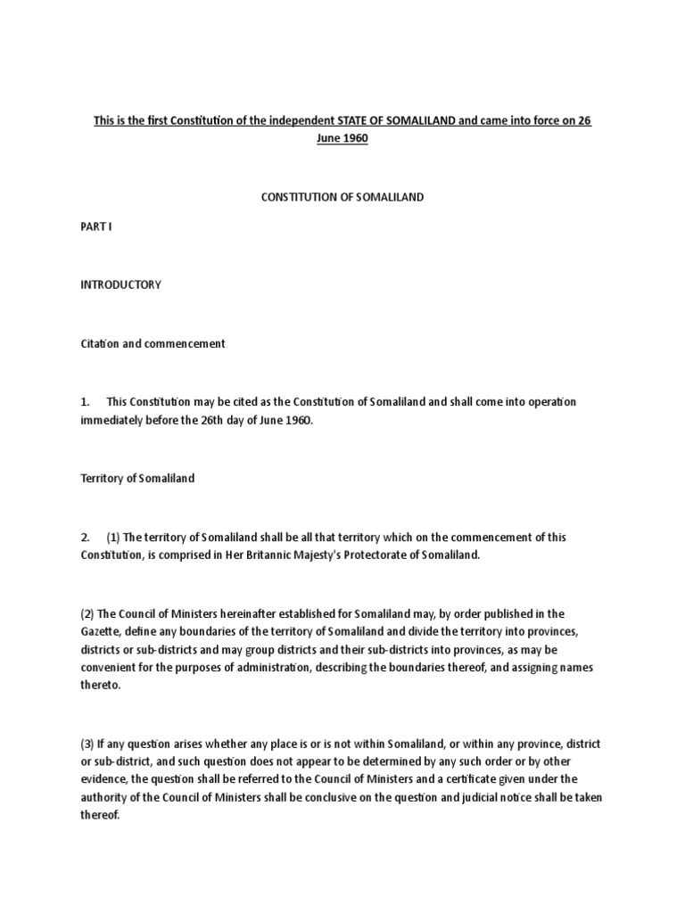 Somaliland Constitution of 26 June 1960 | PDF | Royal Assent | Bill (Law)