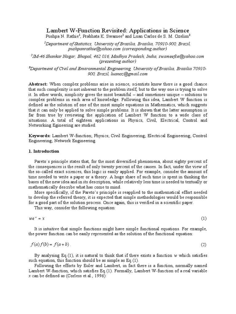 Lambert W-Function Revisited - Applications in Science | Download Free ...
