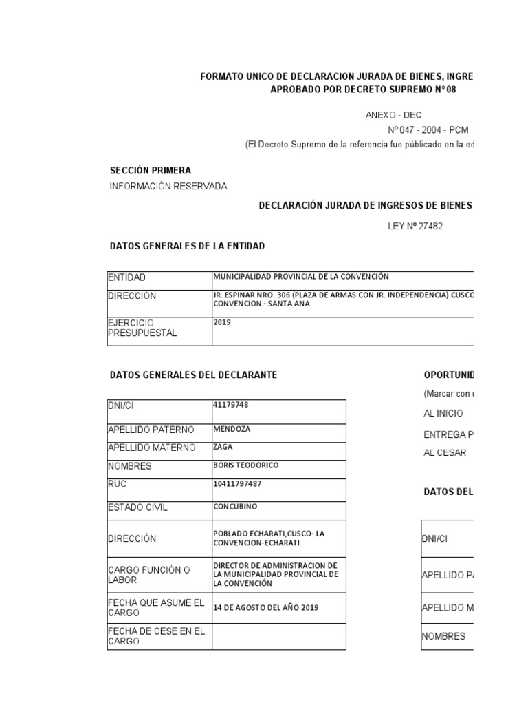 Formato Declaraci N Jurada de Bienes y Rentas | PDF | Economias | Civil