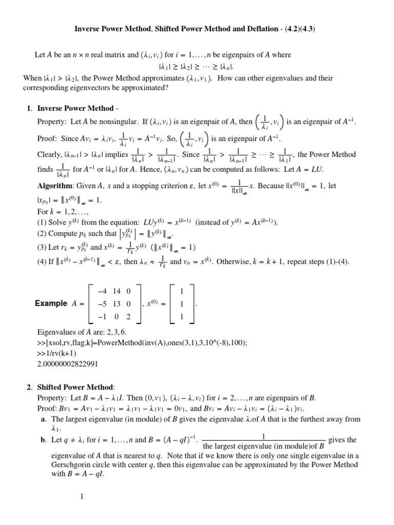 Inverse Power Method Shifted Power Method And Deflation Pdf Algorithms Matrix Theory 
