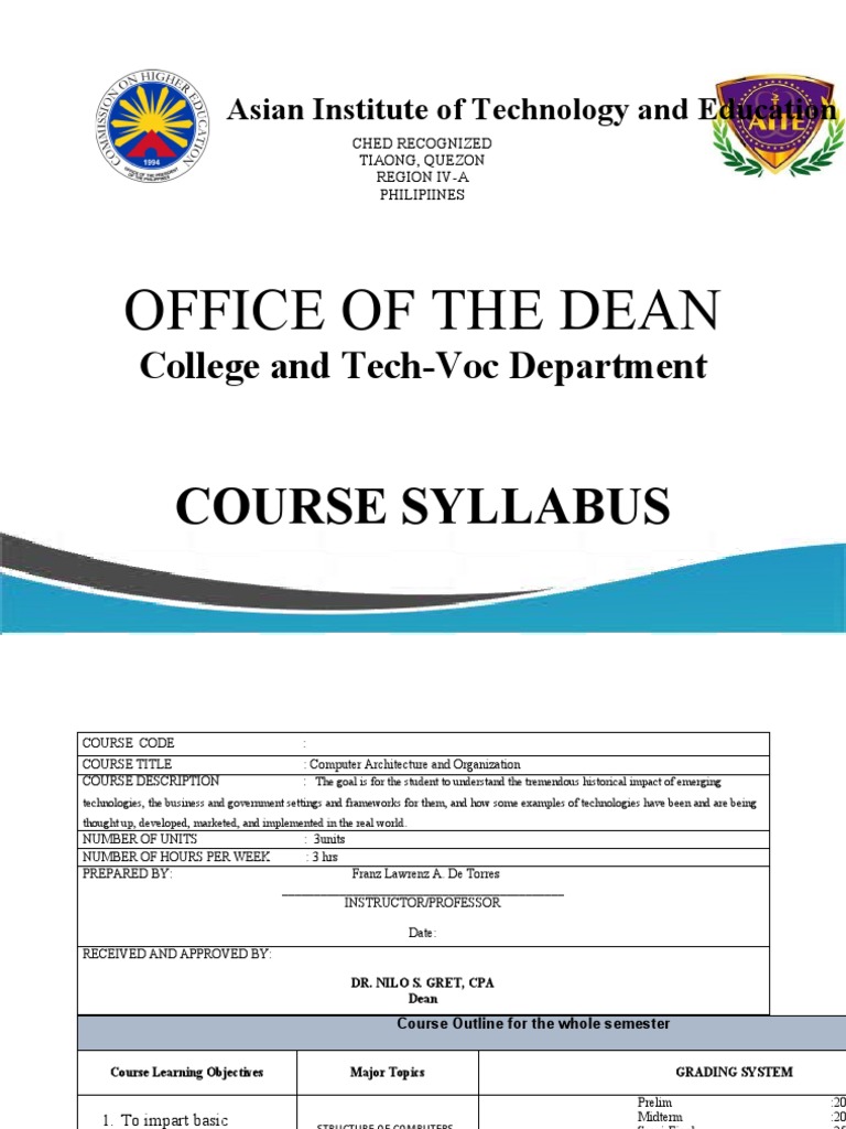 Course Syllabus for Computer Architecture and Organization at the Asian ...