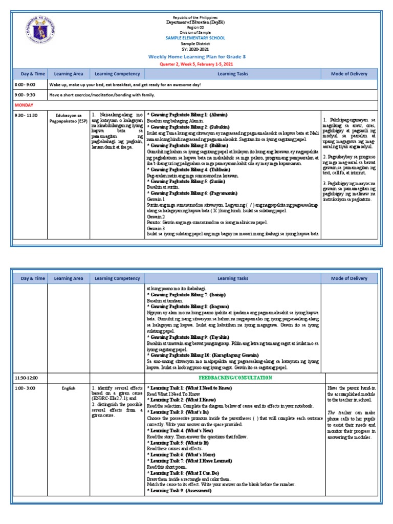 Grade 3 - All Subjects - WHLP - Q2 - W5 | PDF