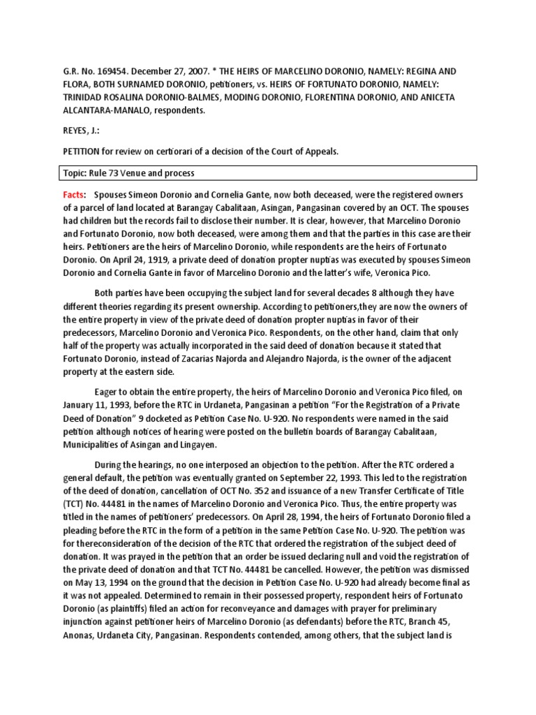 Heirs of Marcelino Doronio vs. Heirs of Fortunato Doronio Digest | PDF ...