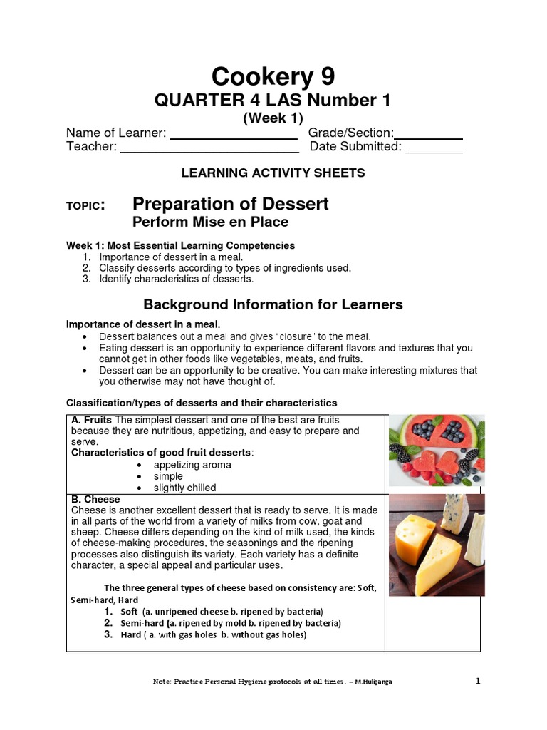 Cookery 9 Quarter 4 Las Number 1 | PDF | Pudding | Custard