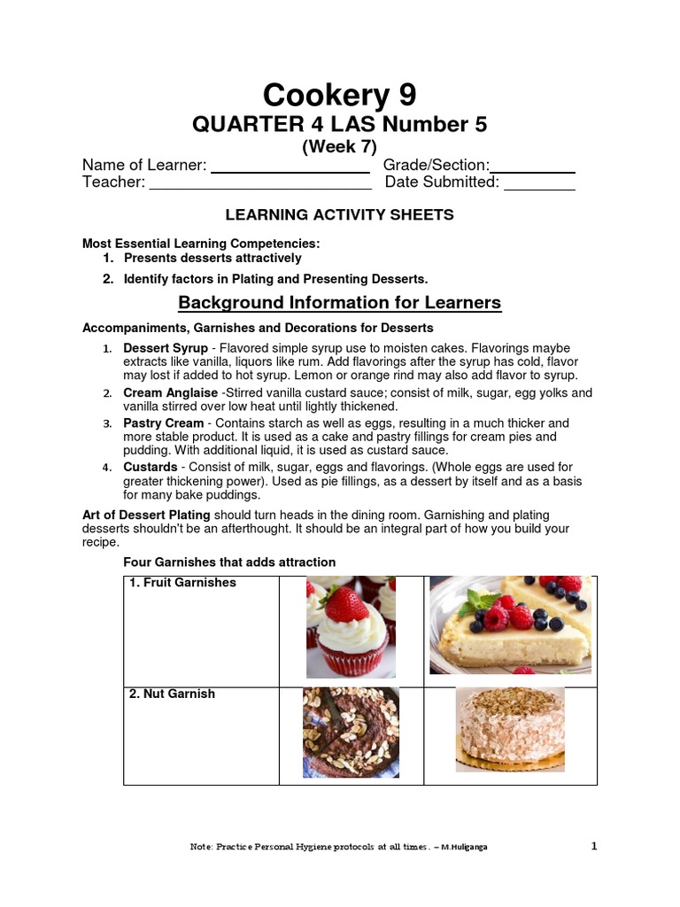 COOKERY 9 Quarter 4 LAS Number 5 | PDF | Custard | Desserts