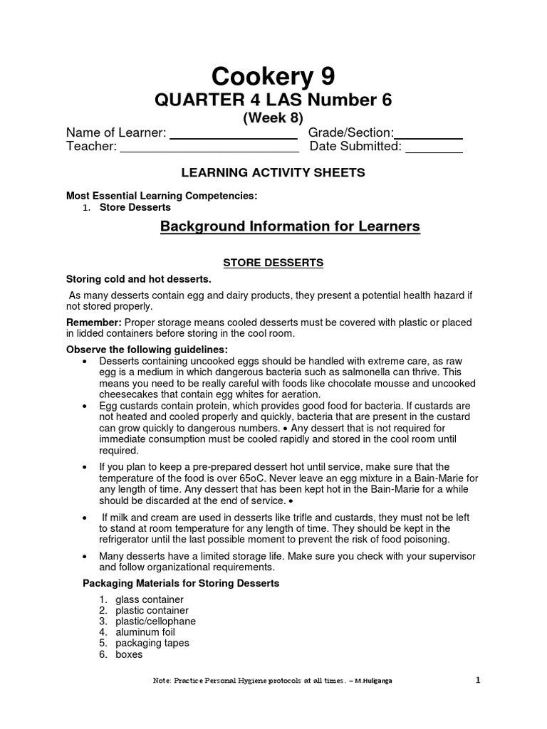 Cookery 9 Quarter 4 Las Number 6 | PDF | Canning | Foods