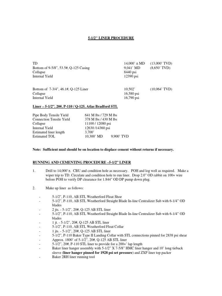 Liner Procedure 5.5 Example | PDF | Casing (Borehole) | Industrial ...