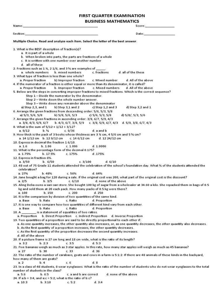 1ST Quarter Exam BUSINESS MATH 2019-2020 | PDF | Economies | Business