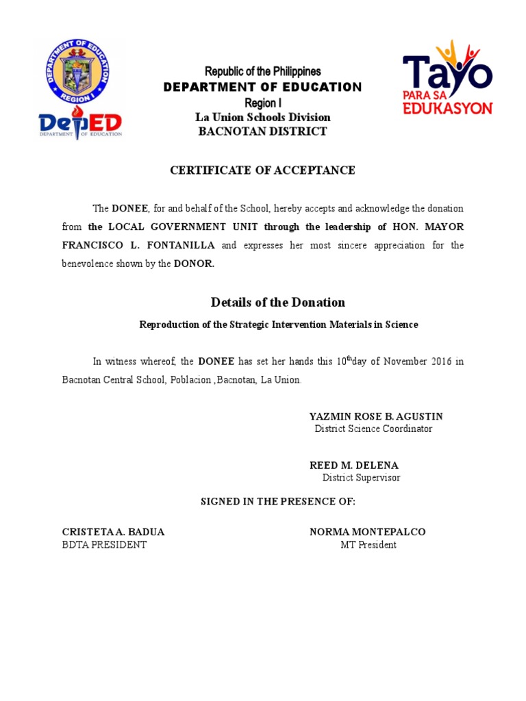 Donation Certificate for Education Materials | PDF | Government | Further Education